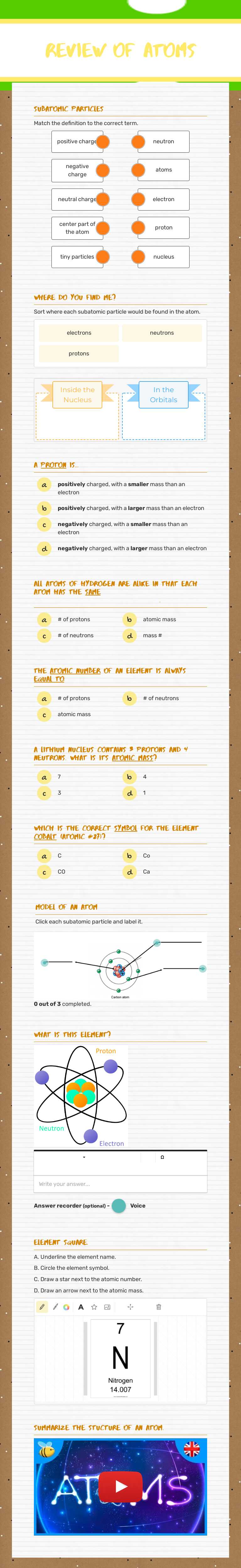 Review of Atoms by Courtnee Bownds | Interactive Worksheet | Wizer.me