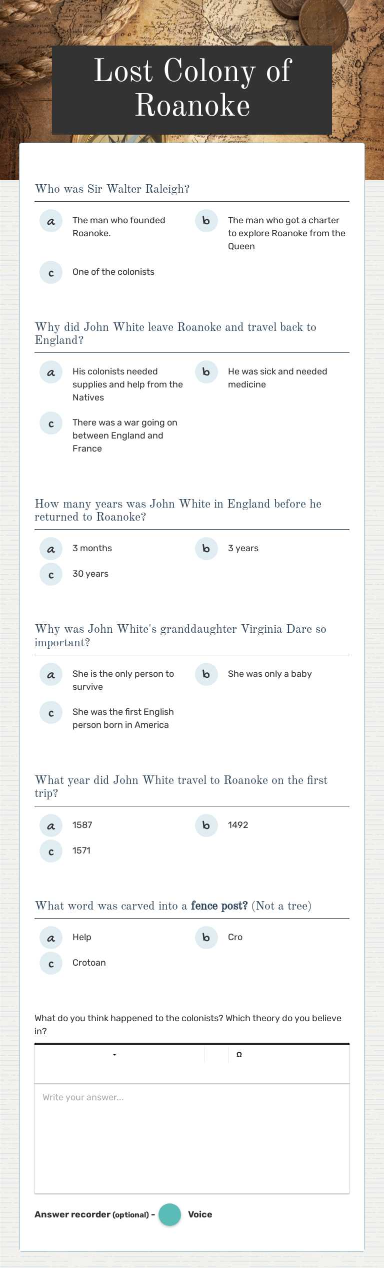 Lost Colony of Roanoke by Delaney Hart | Interactive Worksheet | Wizer.me