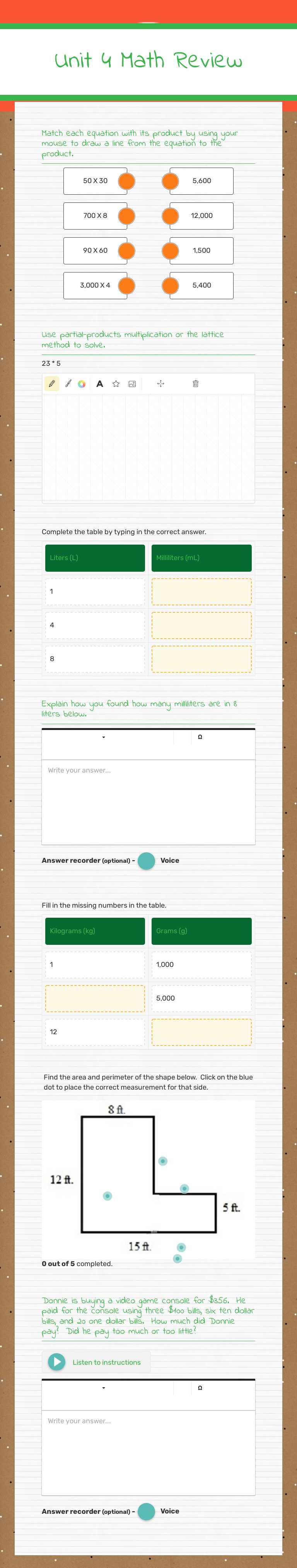 Unit 4 Math Review by Laura Deom | Interactive Worksheet | Wizer.me