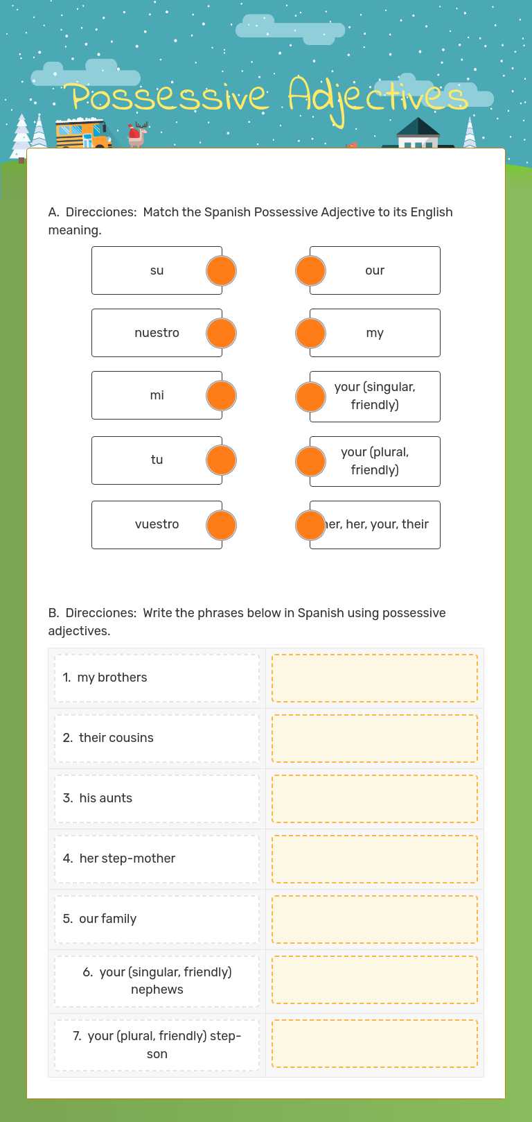 Practice Spanish possessive adjectives! Match meanings and translate ...
