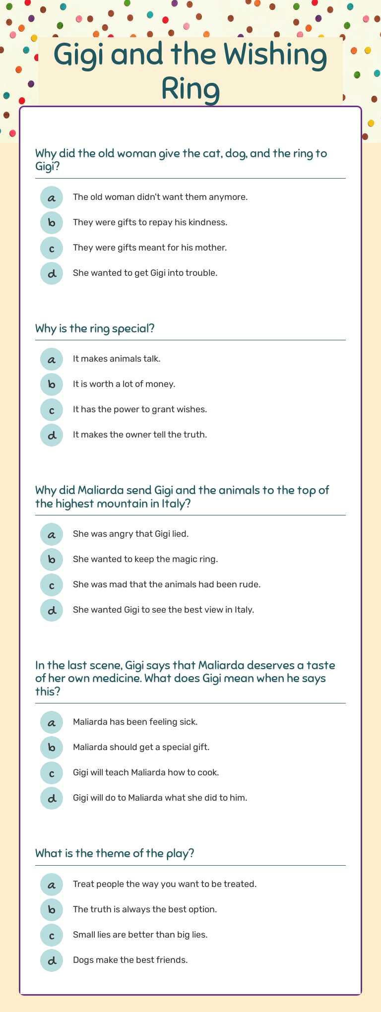 Explore Gigi's adventure with the magic wishing ring! Answer ...