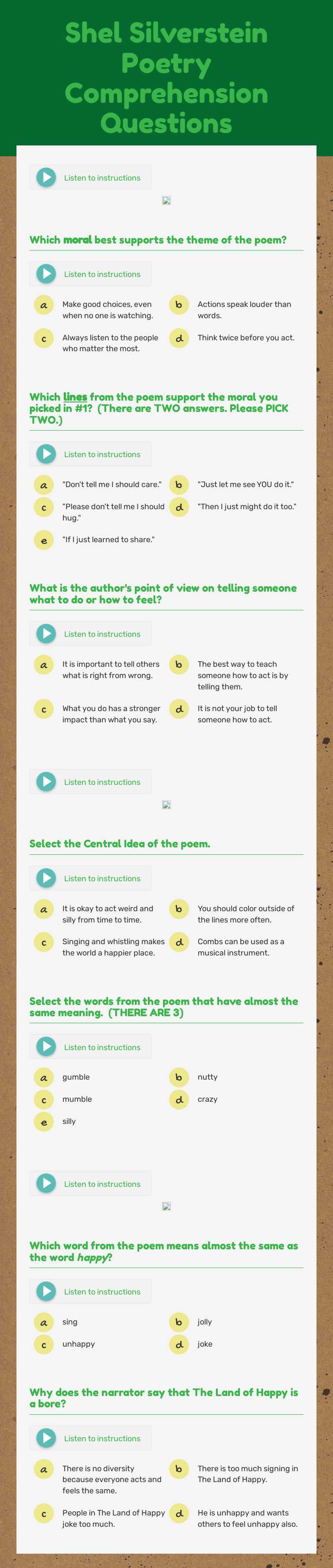 Shel Silverstein Poetry Comprehension Questions by Sarah Murdico ...