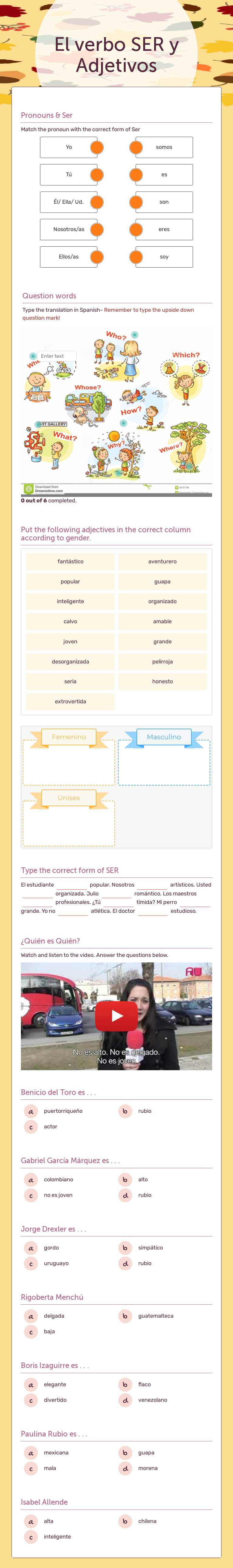 El verbo SER y Adjetivos by Kathleen Chakalis | Interactive Worksheet ...