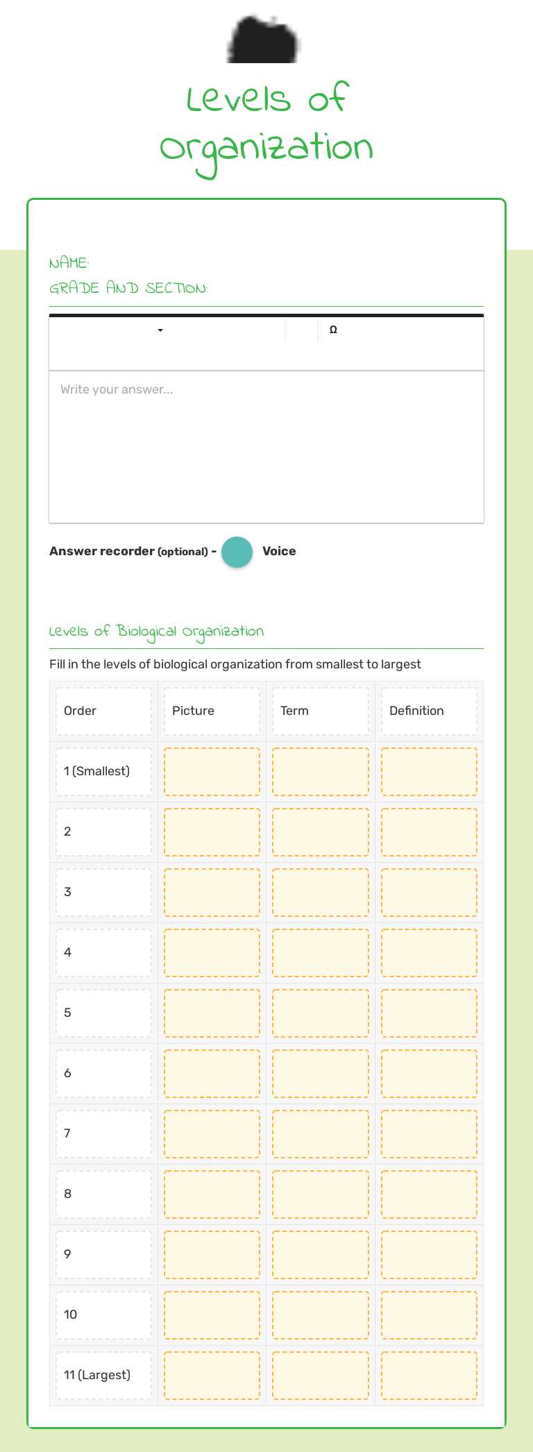 Levels of Organization by Gian Simon | Interactive Worksheet | Wizer.me