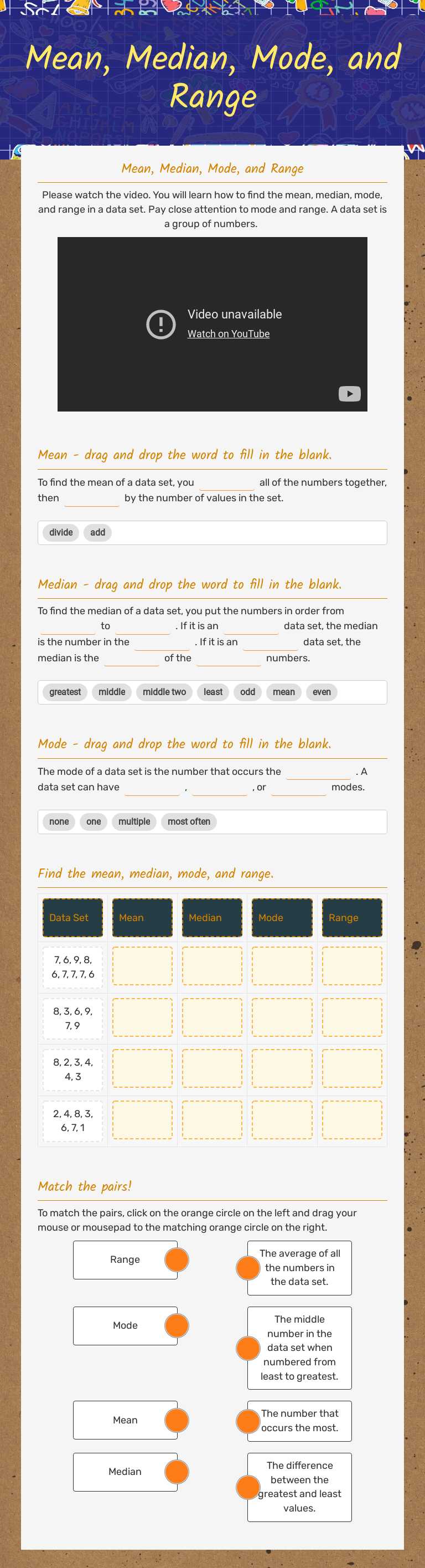 Master mean, median, mode, and range calculations with fun worksheets ...