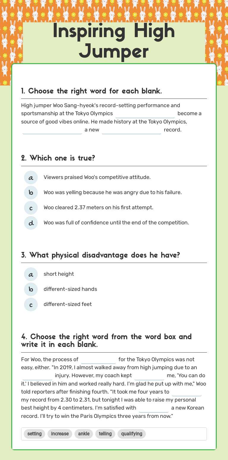 Inspiring High Jumper by Kyunghwan Kim | Interactive Worksheet | Wizer.me