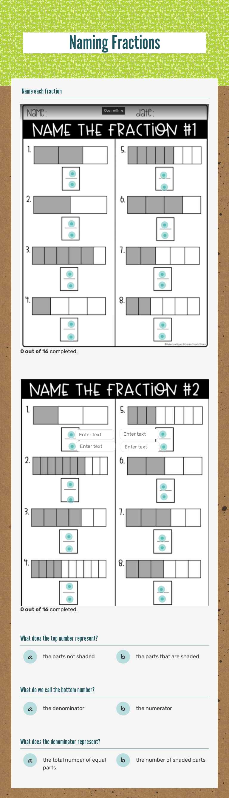 Naming Fractions by Linda Guerra | Interactive Worksheet | Wizer.me