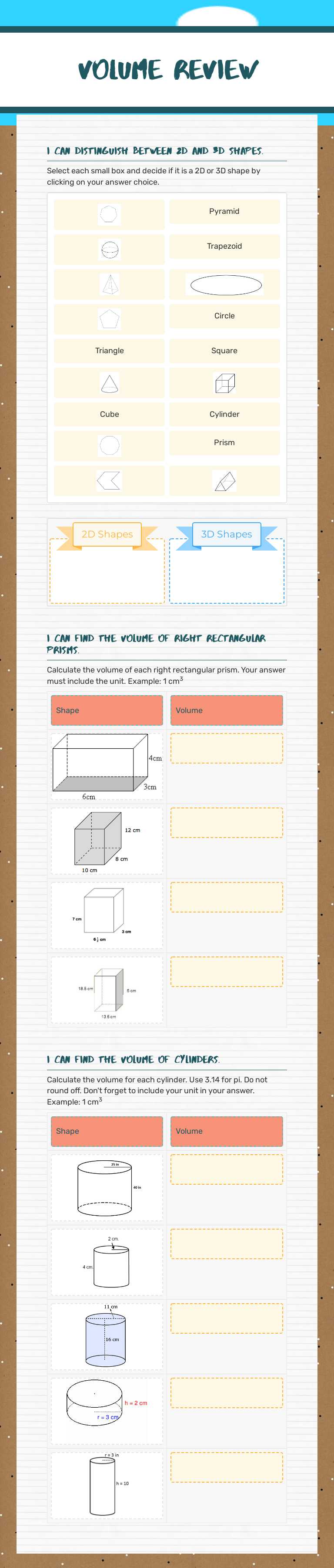 Volume Review by Erin Griffin | Interactive Worksheet | Wizer.me