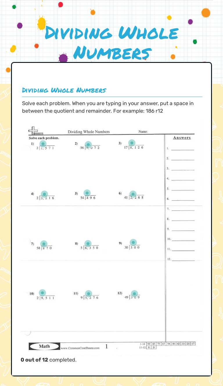 Master dividing whole numbers with our practice worksheet! Solve ...