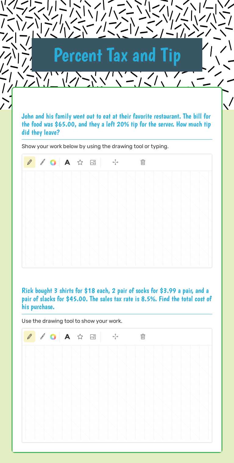 Percent Tax and Tip by Mrs. LaPaz | Interactive Worksheet | Wizer.me