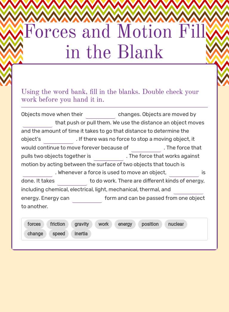 Forces and Motion Fill in the Blank by Alixzandra Brown | Interactive ...