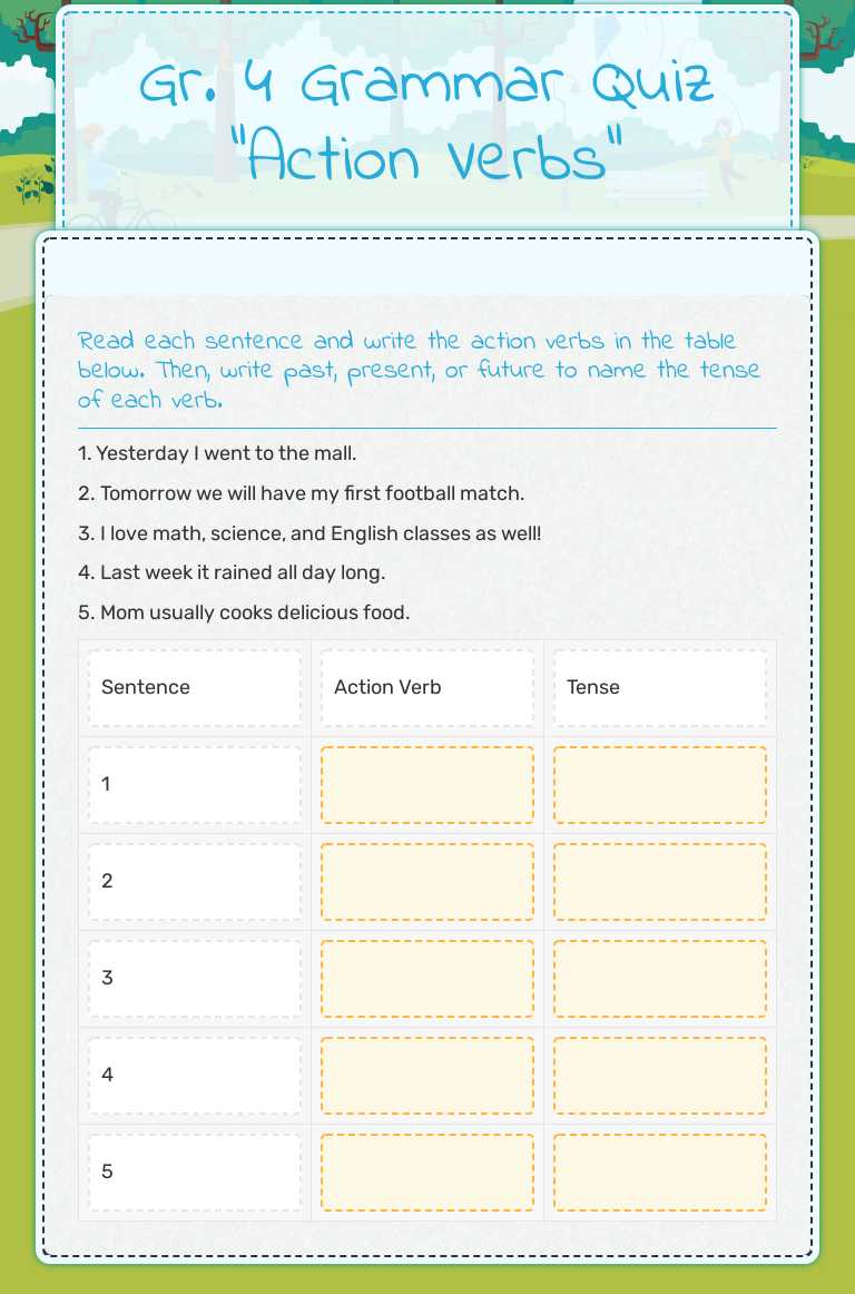 Gr. 4 Grammar Quiz "Action Verbs" by Ghinwa AlKurdi | Interactive ...