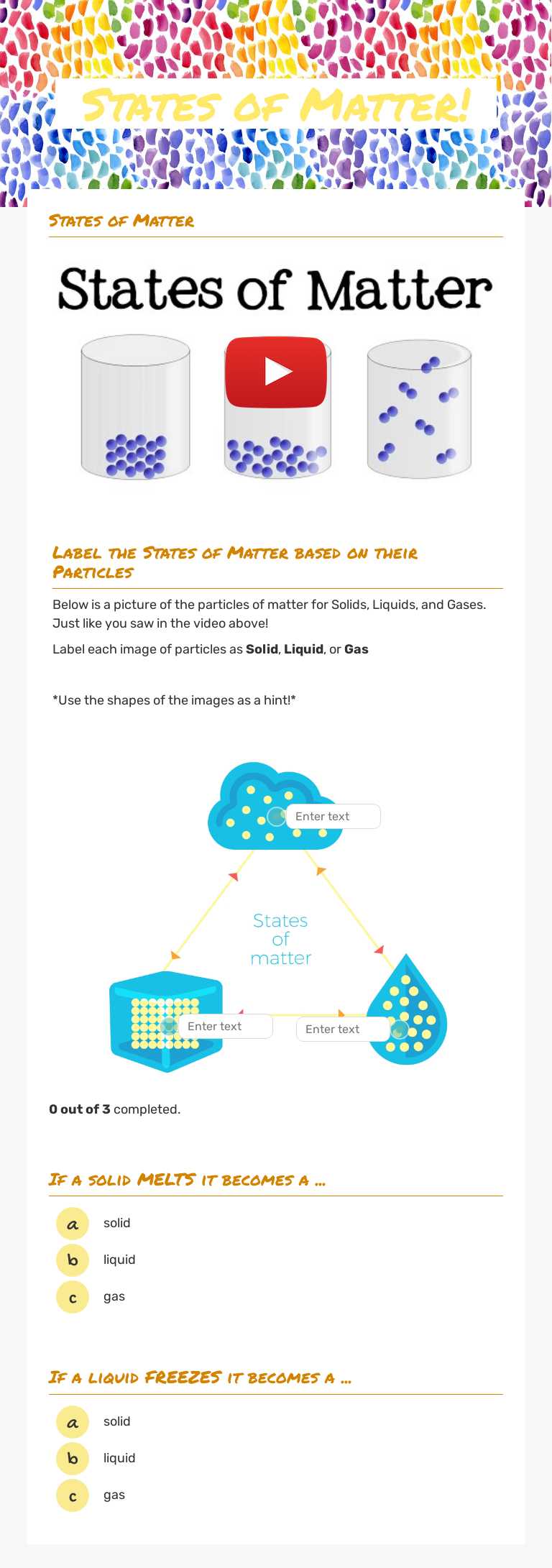 States of Matter! by Chelsea Brock | Interactive Worksheet | Wizer.me