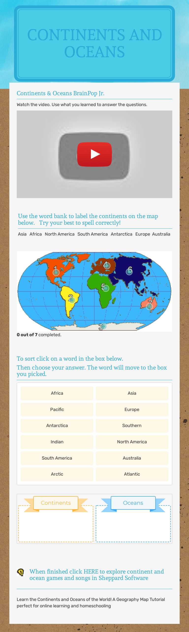 Continents and Oceans by Brice, Denise | Interactive Worksheet | Wizer.me