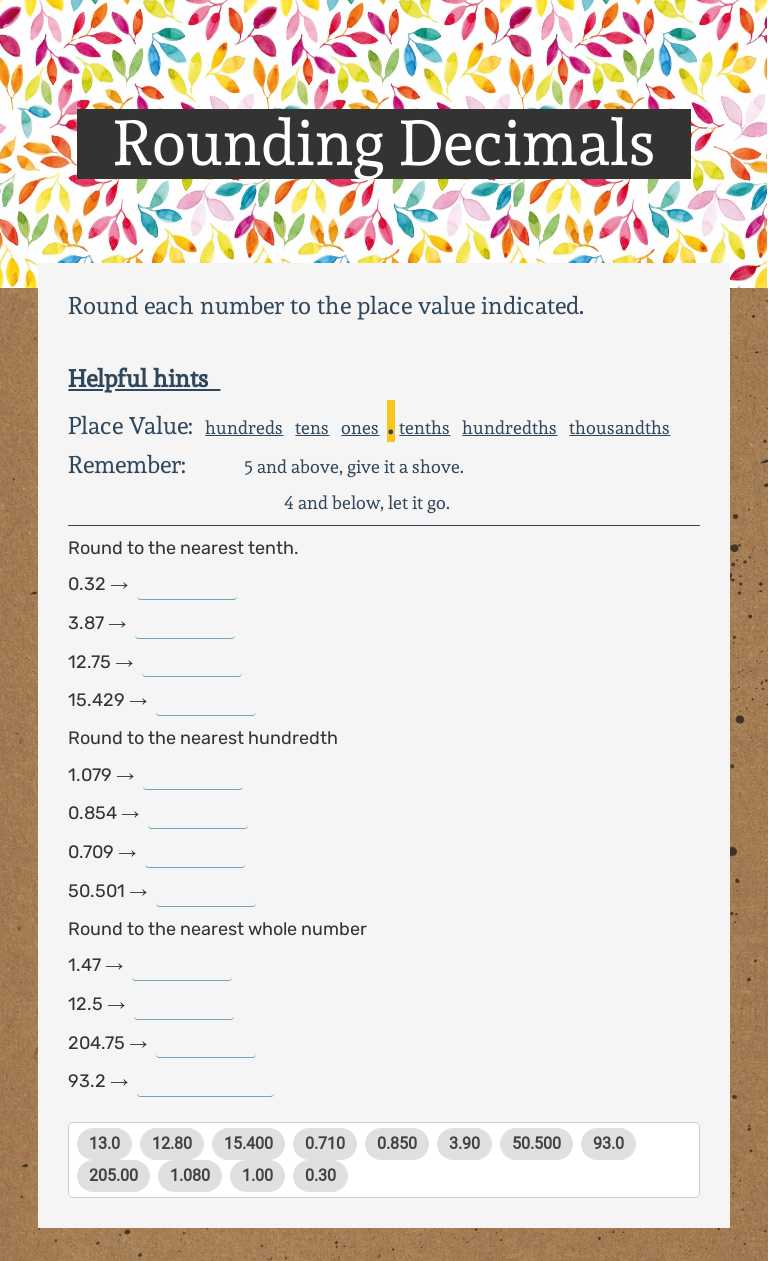 Rounding Decimals by Lela Neidert | Interactive Worksheet | Wizer.me