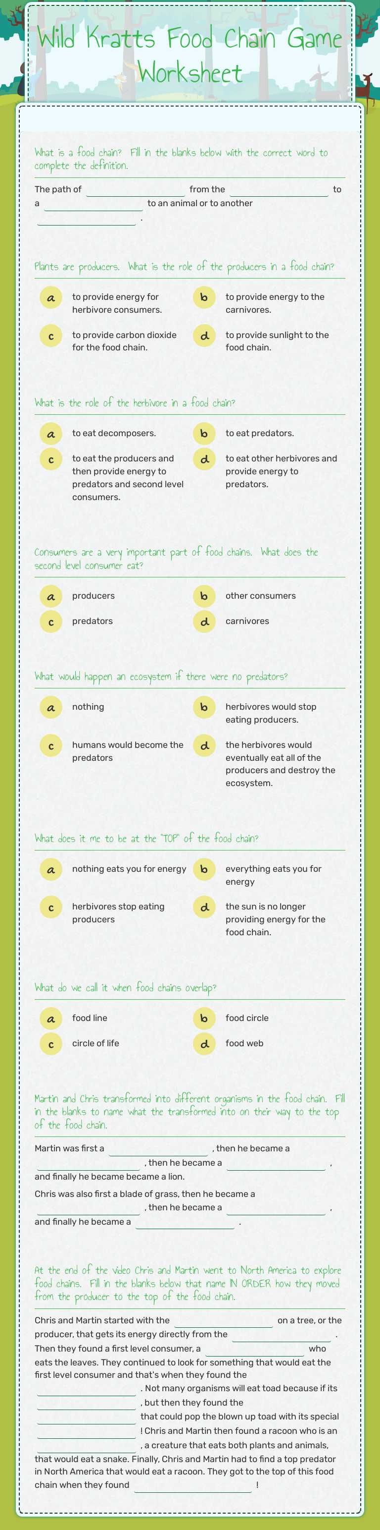 Wild Kratts Food Chain Game Worksheet by Jennifer VanAcker ...