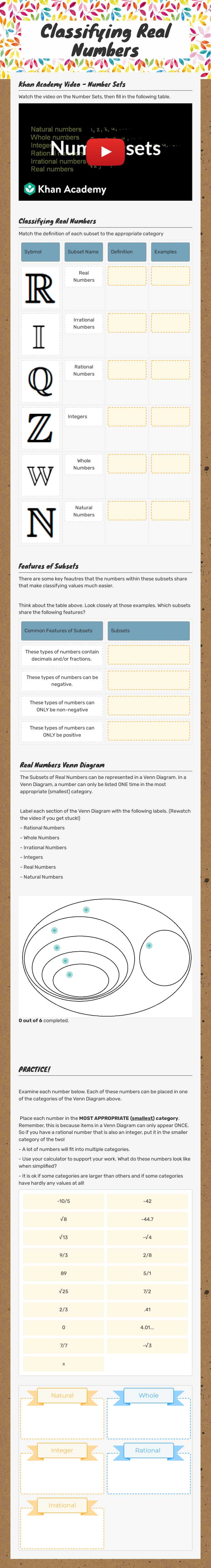 Classifying Real Numbers by Courtney Kelley | Interactive Worksheet ...