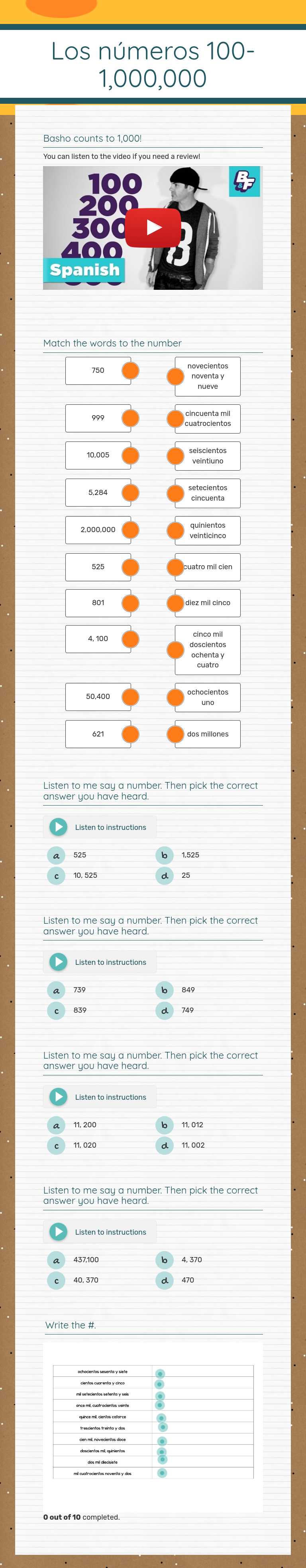 Los números 100-1,000,000 by Emily Kayes | Interactive Worksheet | Wizer.me