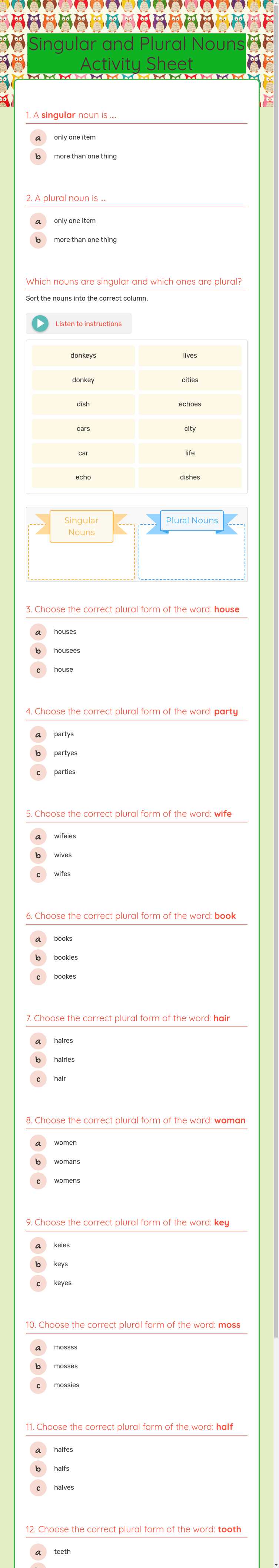 Singular and Plural Nouns Activity Sheet by Margaret Anderson ...