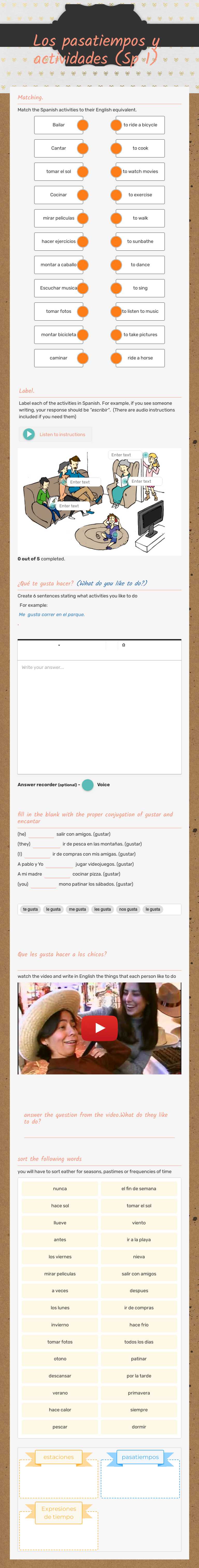 Learn Spanish hobbies & activities! Match, label, write sentences ...