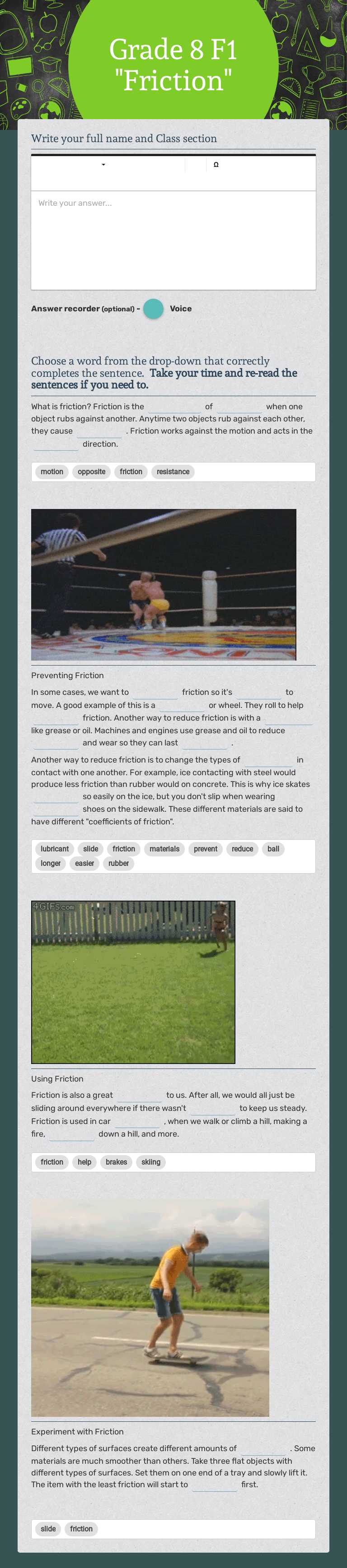 Grade 8 F1 "Friction" by nayrine shereen | Interactive Worksheet | Wizer.me