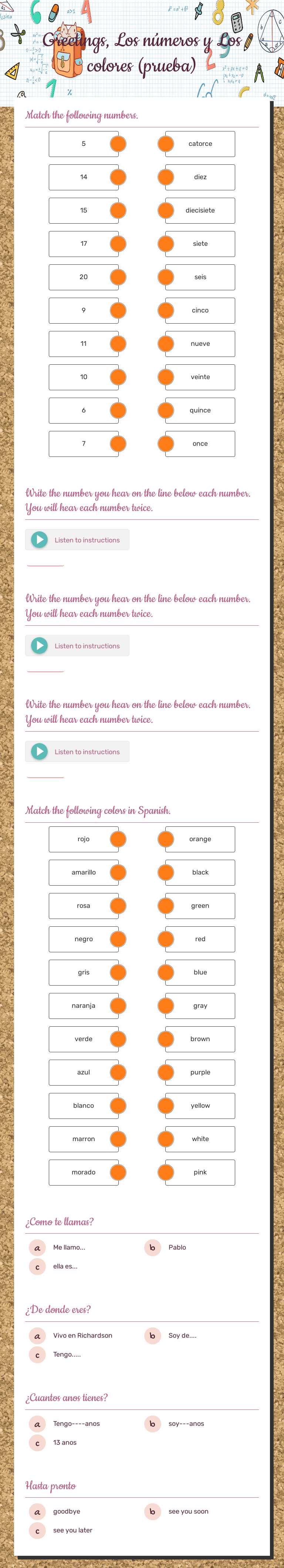 Fun Spanish worksheet for kids! Practice numbers, colors, and greetings ...