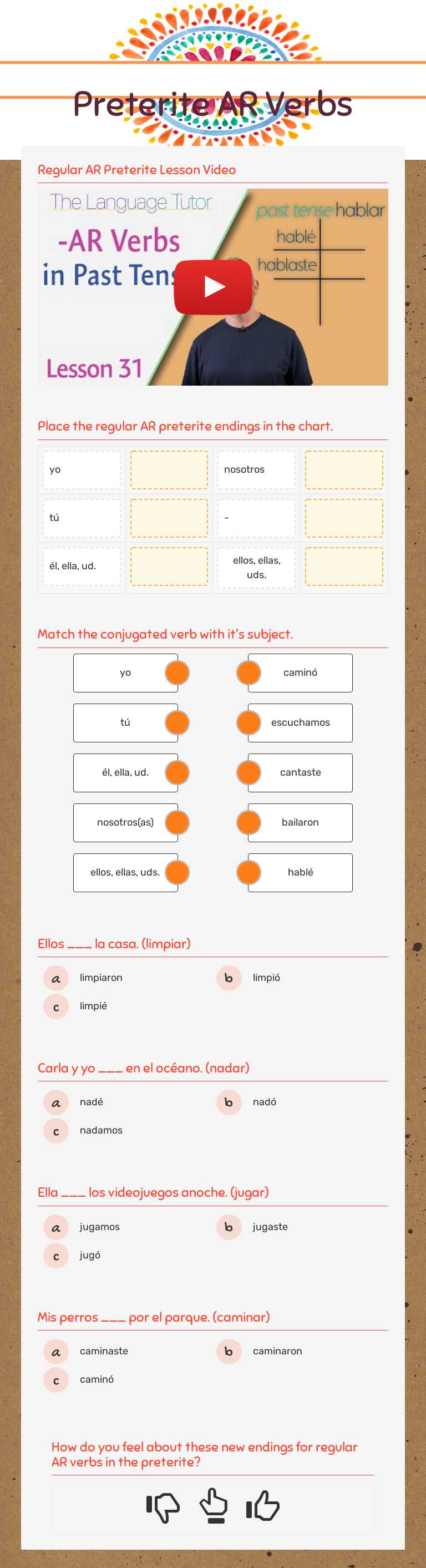 Practice regular preterite AR verb endings in Spanish. Conjugate verbs ...