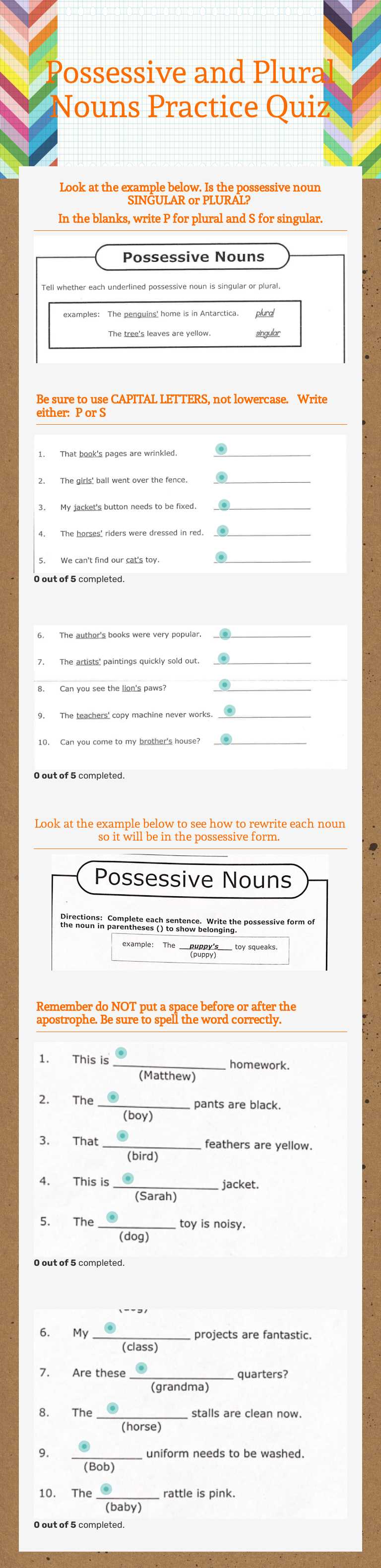 Possessive and Plural Nouns Practice Quiz by Sonya Smith | Interactive ...