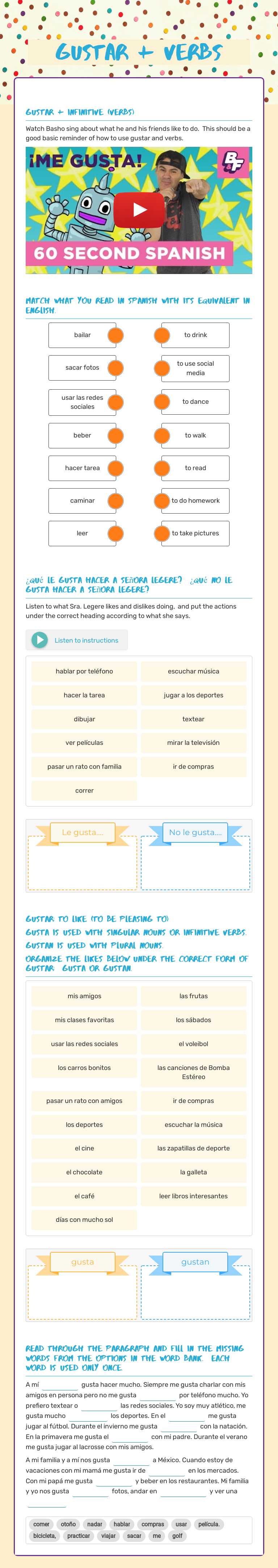 Learn Spanish 'gustar' verbs! Practice conjugation & usage with fun ...