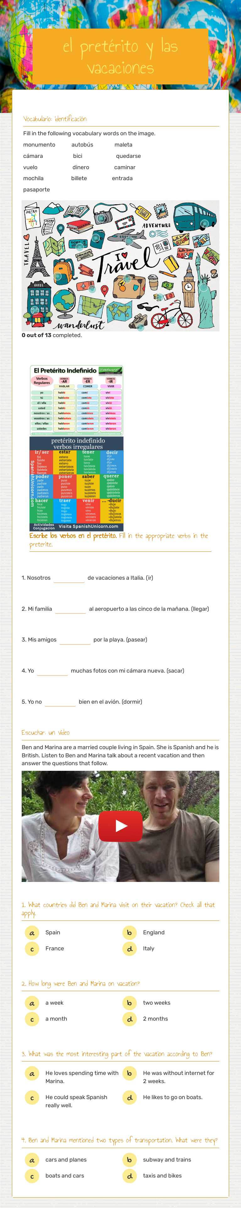 Learn Spanish preterite tense and travel vocabulary with fun exercises ...