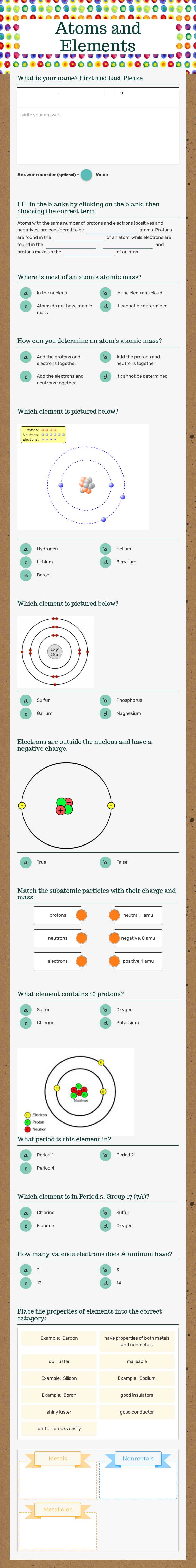 Atoms and Elements by Mellanie Lee | Interactive Worksheet | Wizer.me