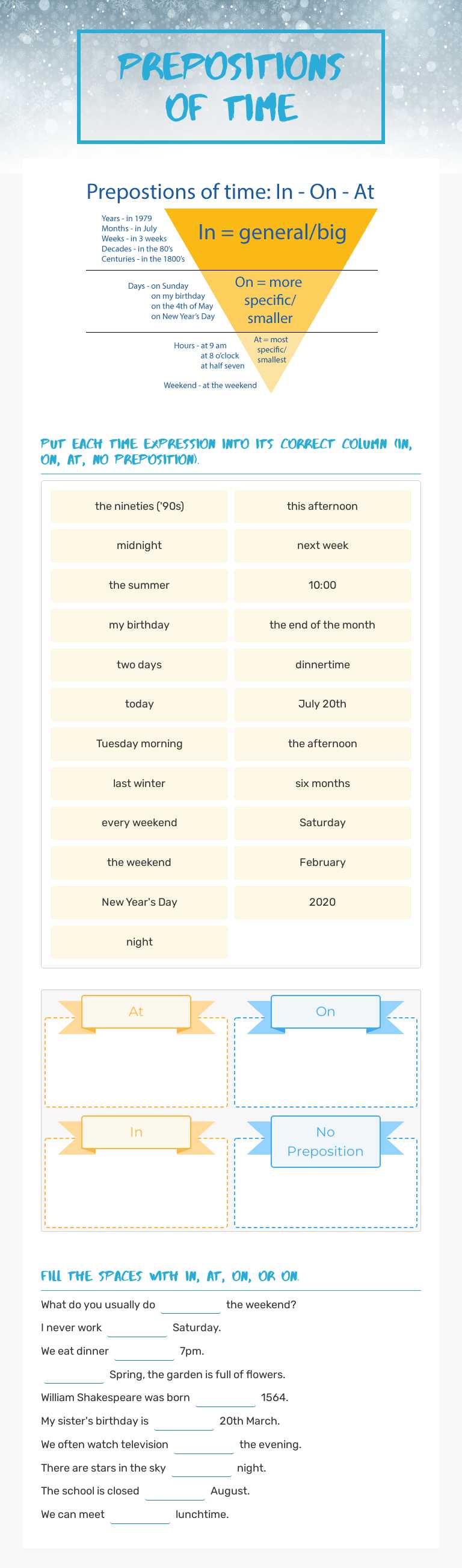 Prepositions of Time by Elaine Luck | Interactive Worksheet | Wizer.me