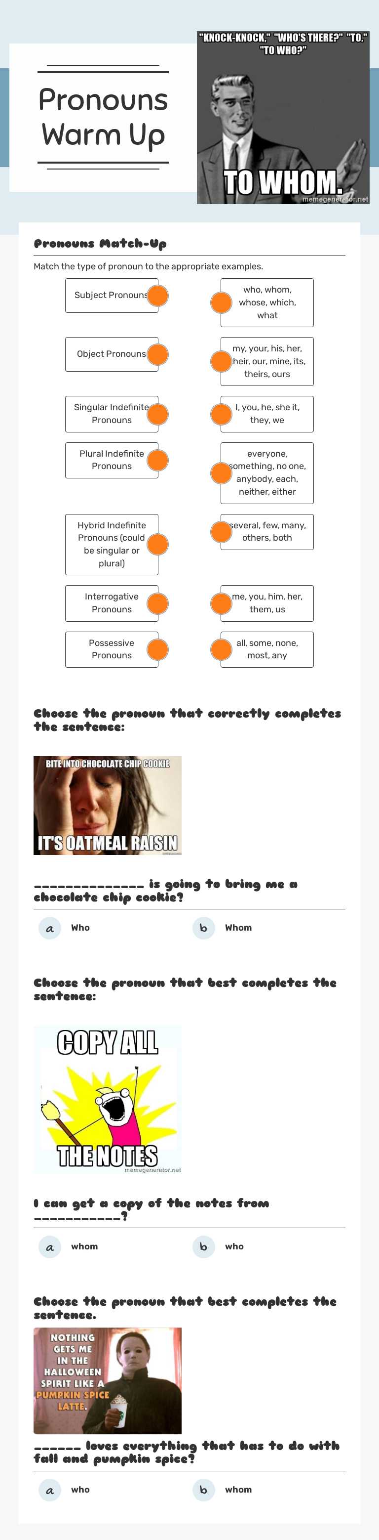 Pronouns Warm Up by Koryn Musto | Interactive Worksheet | Wizer.me