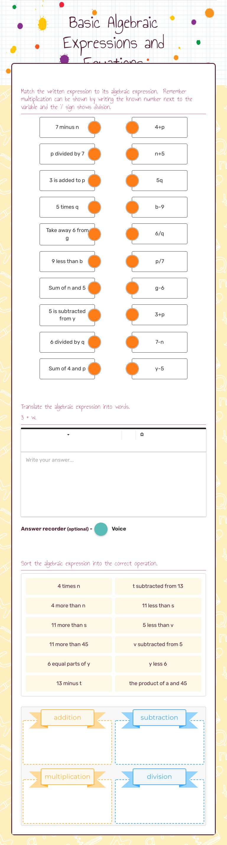 Basic Algebraic Expressions and Equations by K Thomas | Interactive ...