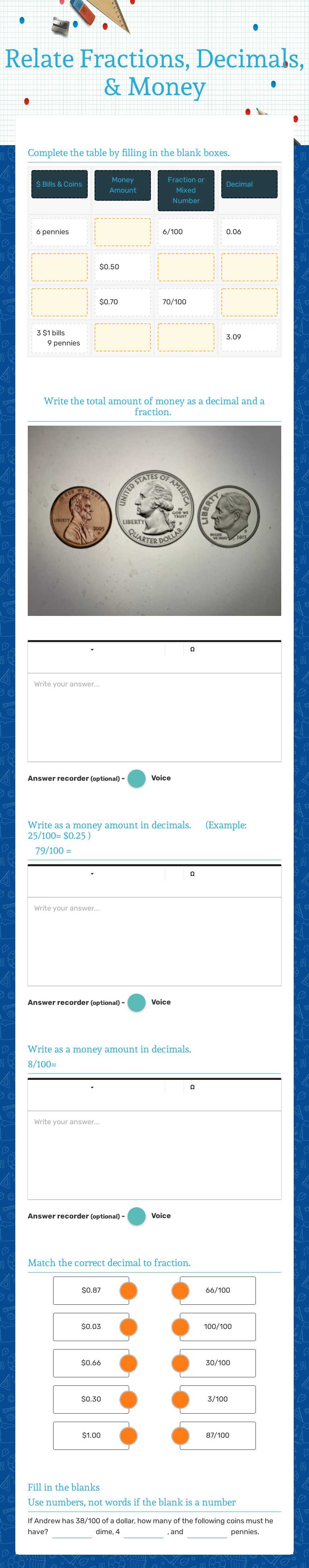 Relate Fractions, Decimals, & Money by Janette Salazar | Interactive ...