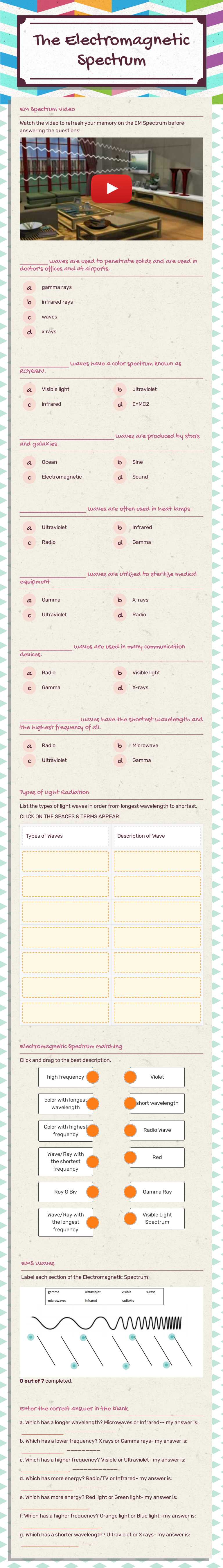 The Electromagnetic Spectrum by Dominick Piazza | Interactive Worksheet ...
