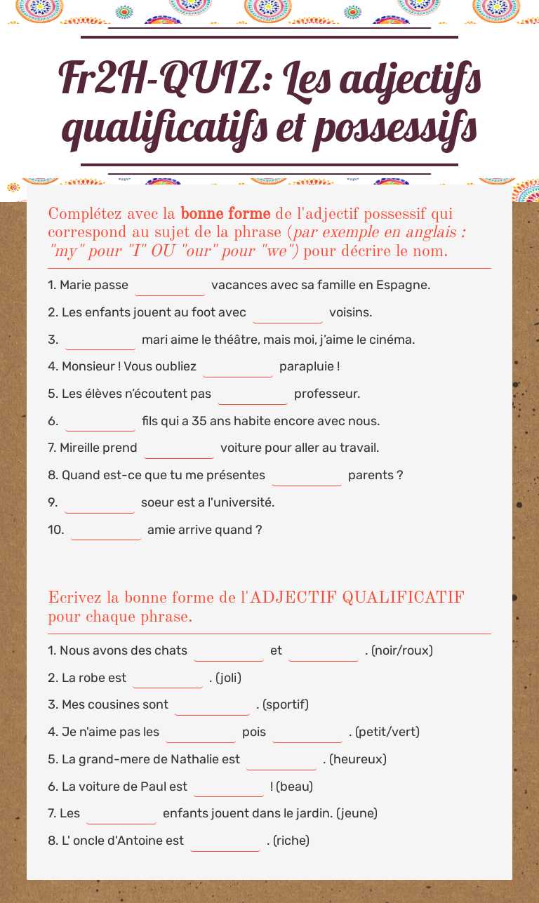 Fr2H-QUIZ: Les adjectifs qualificatifs et possessifs by Sophie Adams ...