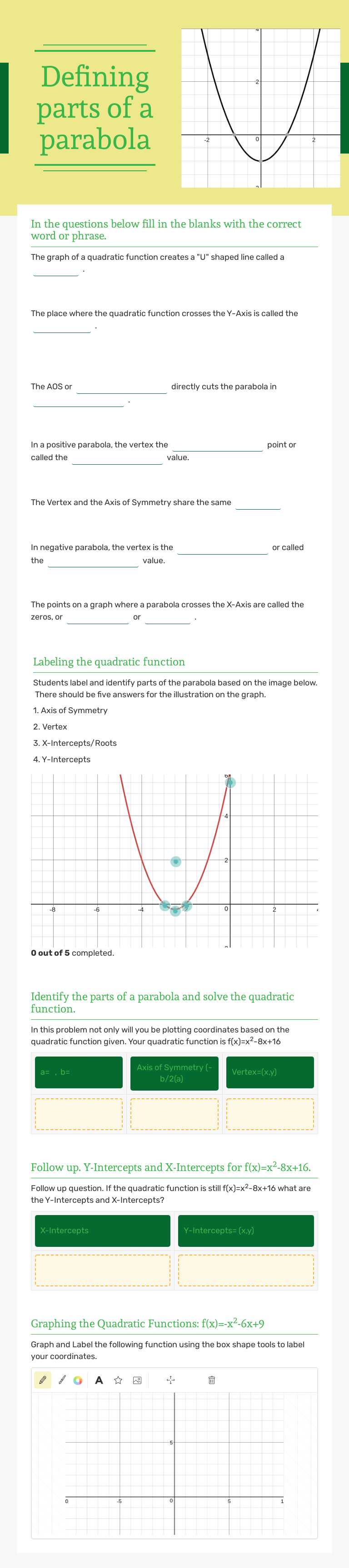 Defining parts of a parabola by Nicole Griggs | Interactive Worksheet ...