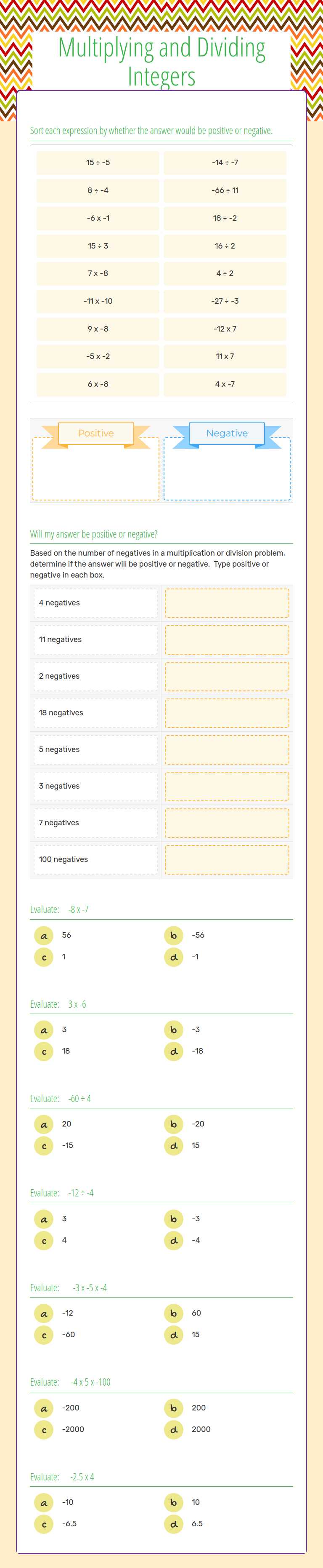 Practice multiplying and dividing integers! Learn the rules for ...