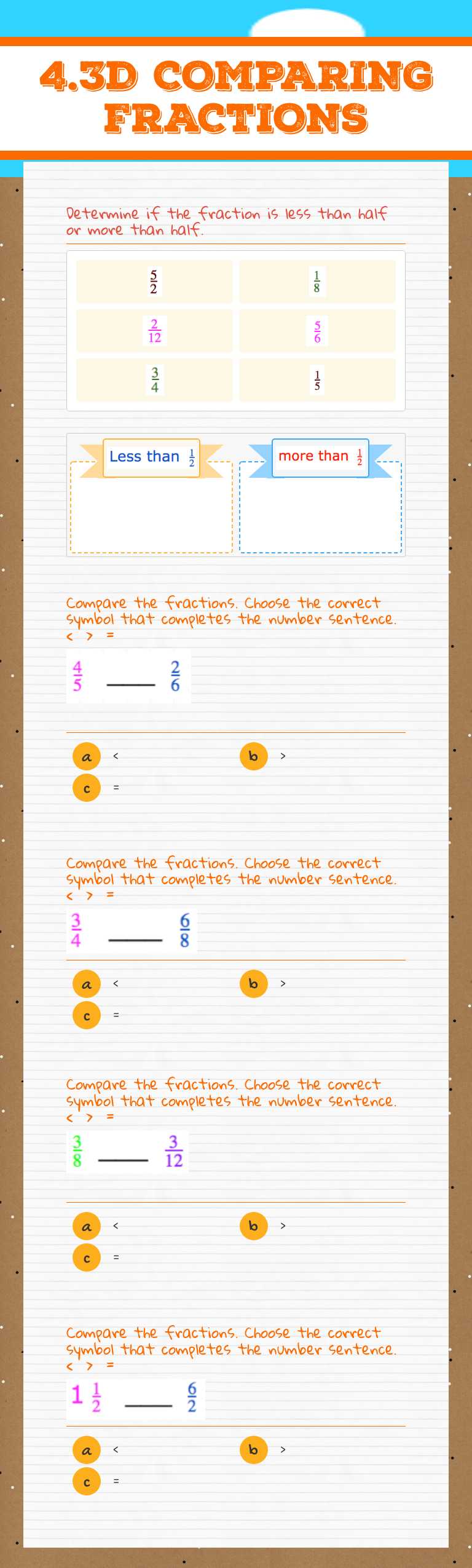 Practice comparing fractions! 4th grade math worksheet helps master ...