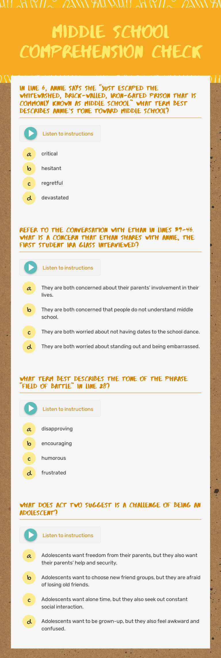 Middle School Comprehension Check by Schantz, Melissa | Interactive ...