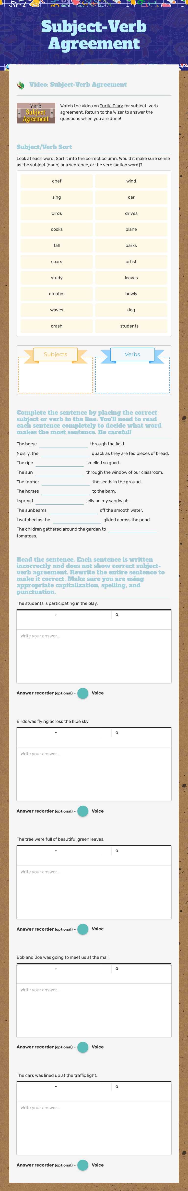 Subject-Verb Agreement by Stephanie Cullar | Interactive Worksheet ...