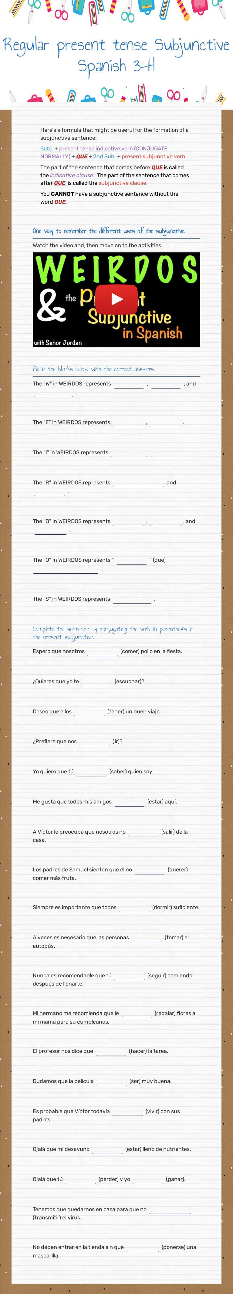 Regular present tense Subjunctive Spanish 3-H by Valerie Ellis ...