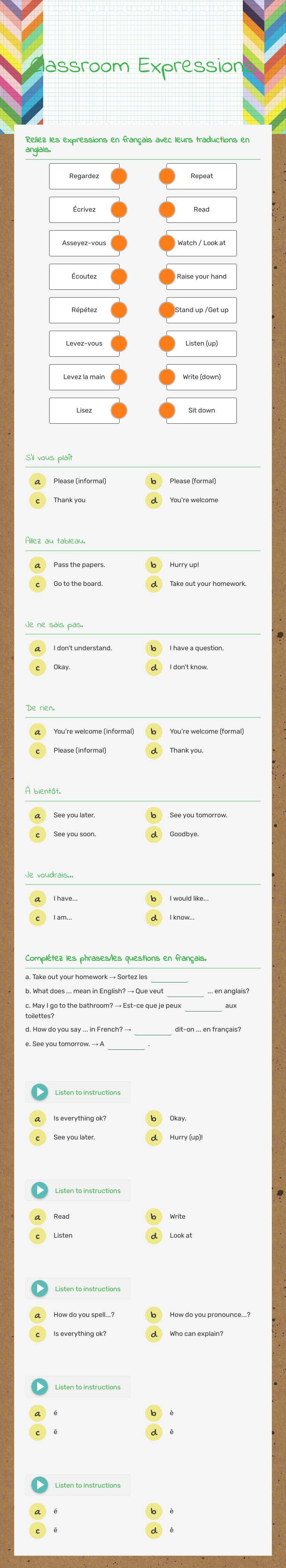 Classroom Expressions by Ellen Orinski | Interactive Worksheet | Wizer.me