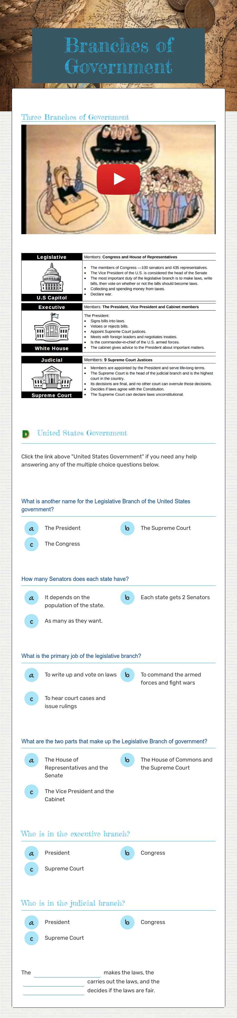 Branches of Government by Hannah Glickman | Interactive Worksheet ...