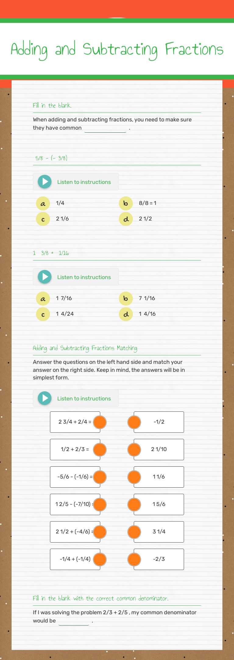 Adding and Subtracting Fractions by Agatha Diaz | Interactive Worksheet ...