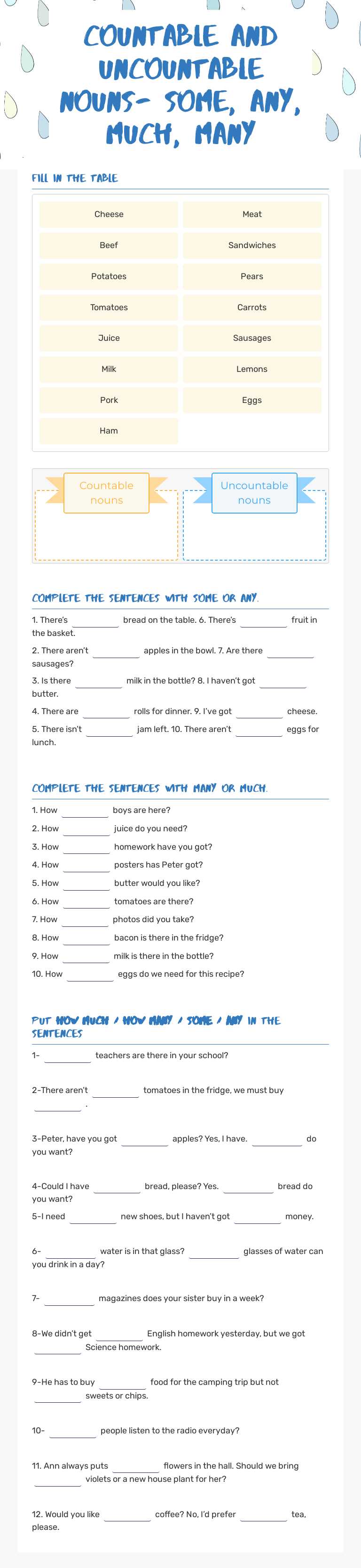 Countable and uncountable NoUNs- some, any, much, many | Interactive ...