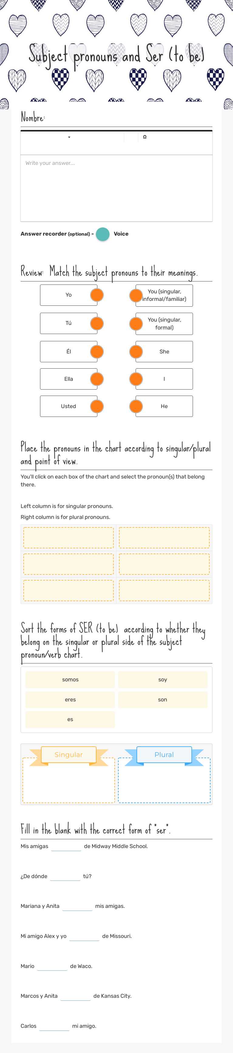 Subject pronouns and Ser (to be) by Sadie Bittner | Interactive ...