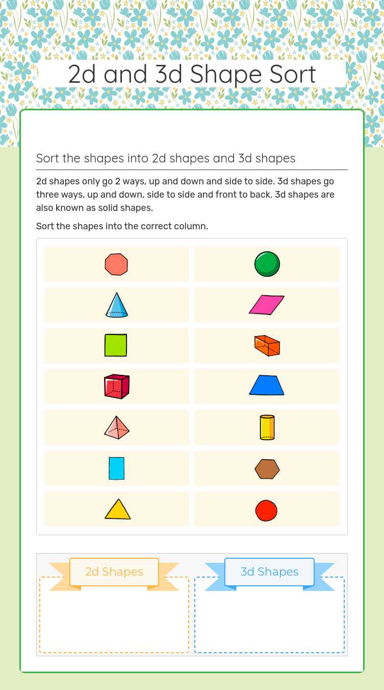 2d and 3d Shape Sort by Kailey Bennett | Interactive Worksheet | Wizer.me