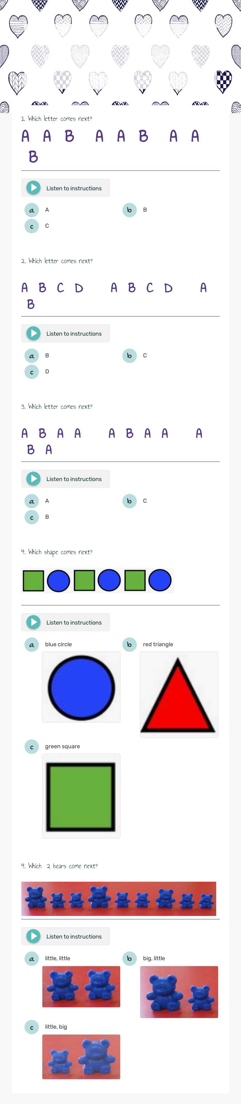 Repeating Patterns Worksheet- Answer the questions below by Darla Clark ...